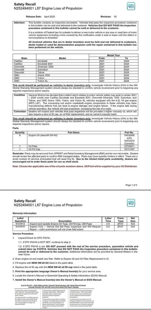 Massive Recall Announced for GM 6.2L L87 V8 Engines in 2021–2024 Trucks ...