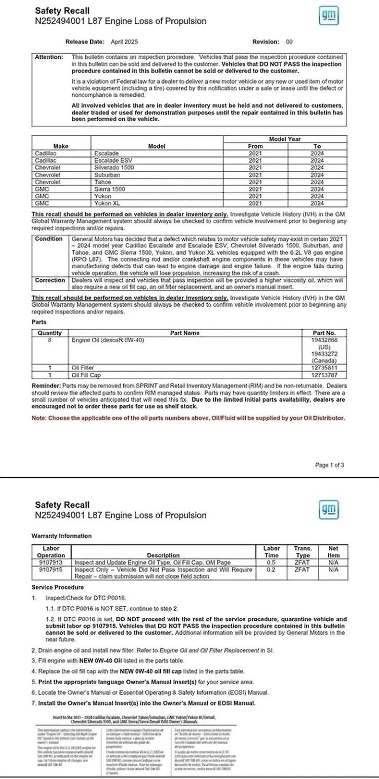 Massive Recall Announced for GM 6.2L L87 V8 Engines in 2021–2024 Trucks ...